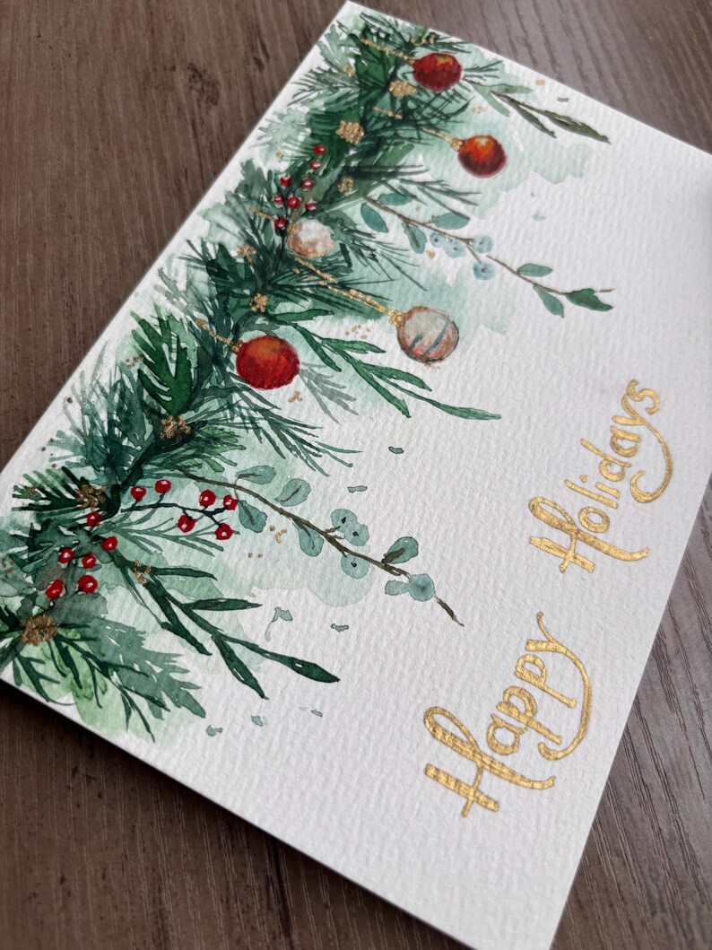 Handpainted Watercolor Christmas Card/evergreen With Hanging Boules - Etsy