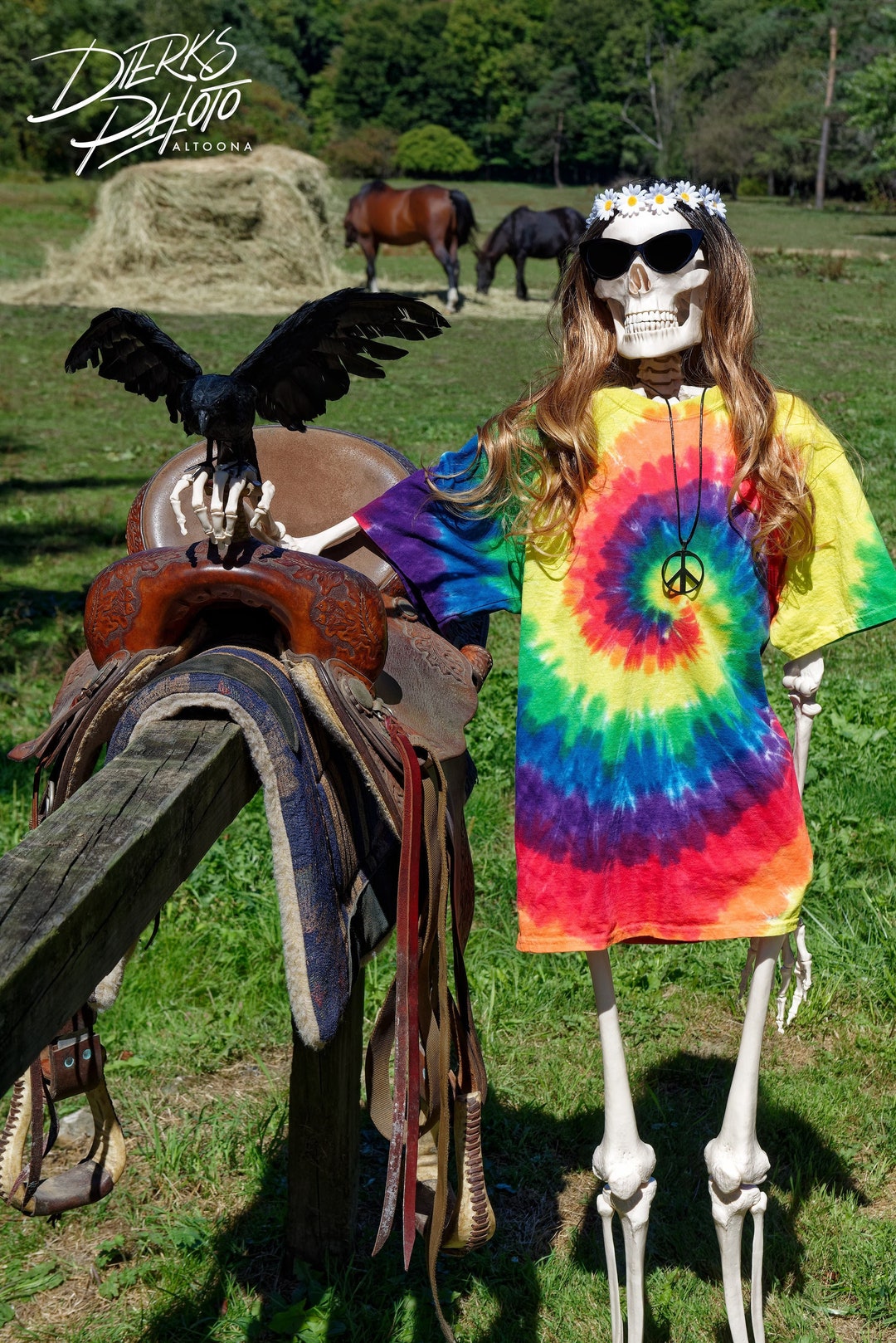 Skeleton Hippie Chic in Tie Dye Goes Horseback Riding, Halloween ...