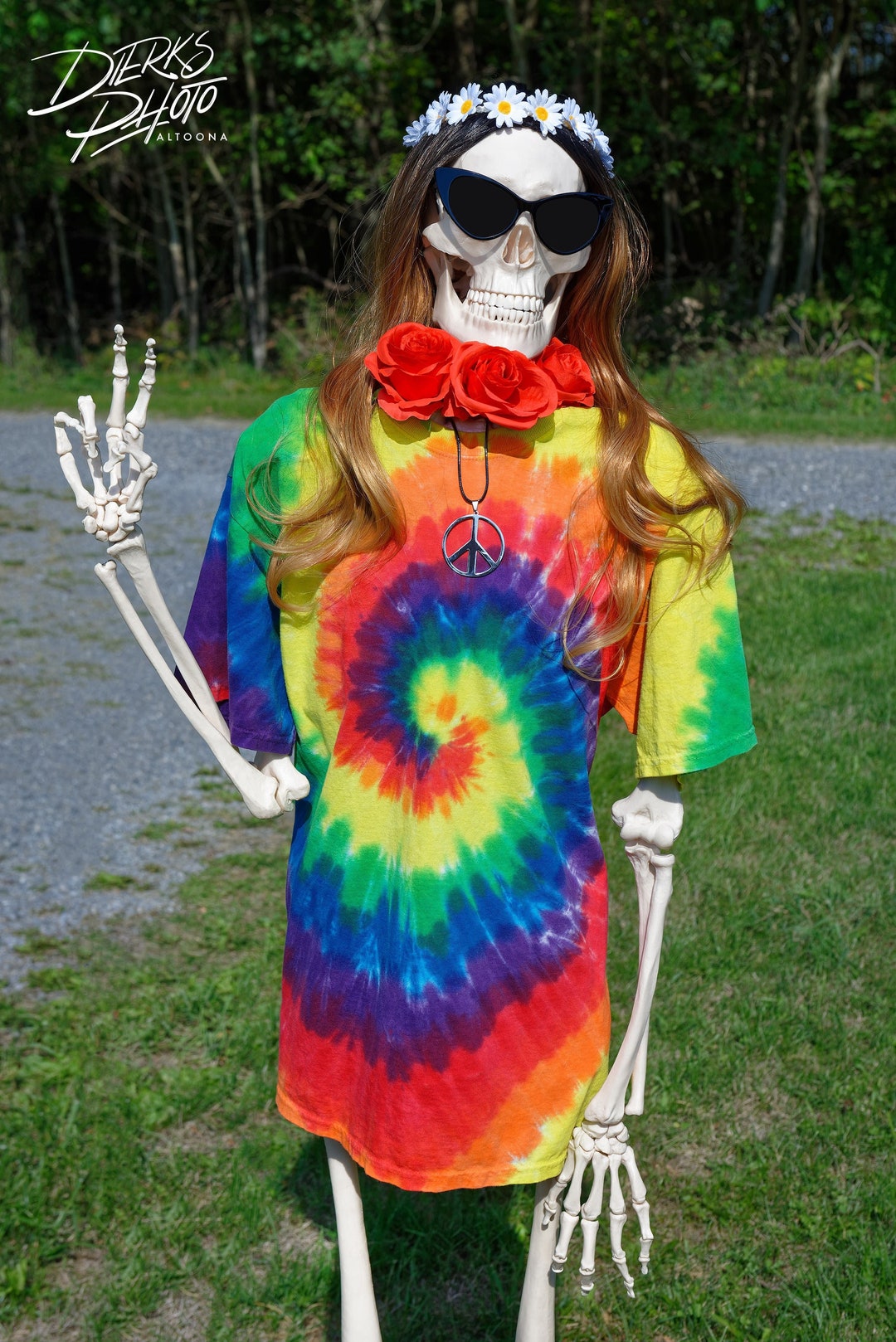 Skeleton Hippie Chic in Tie Dye Throws the Peace Sign Photo, Halloween ...
