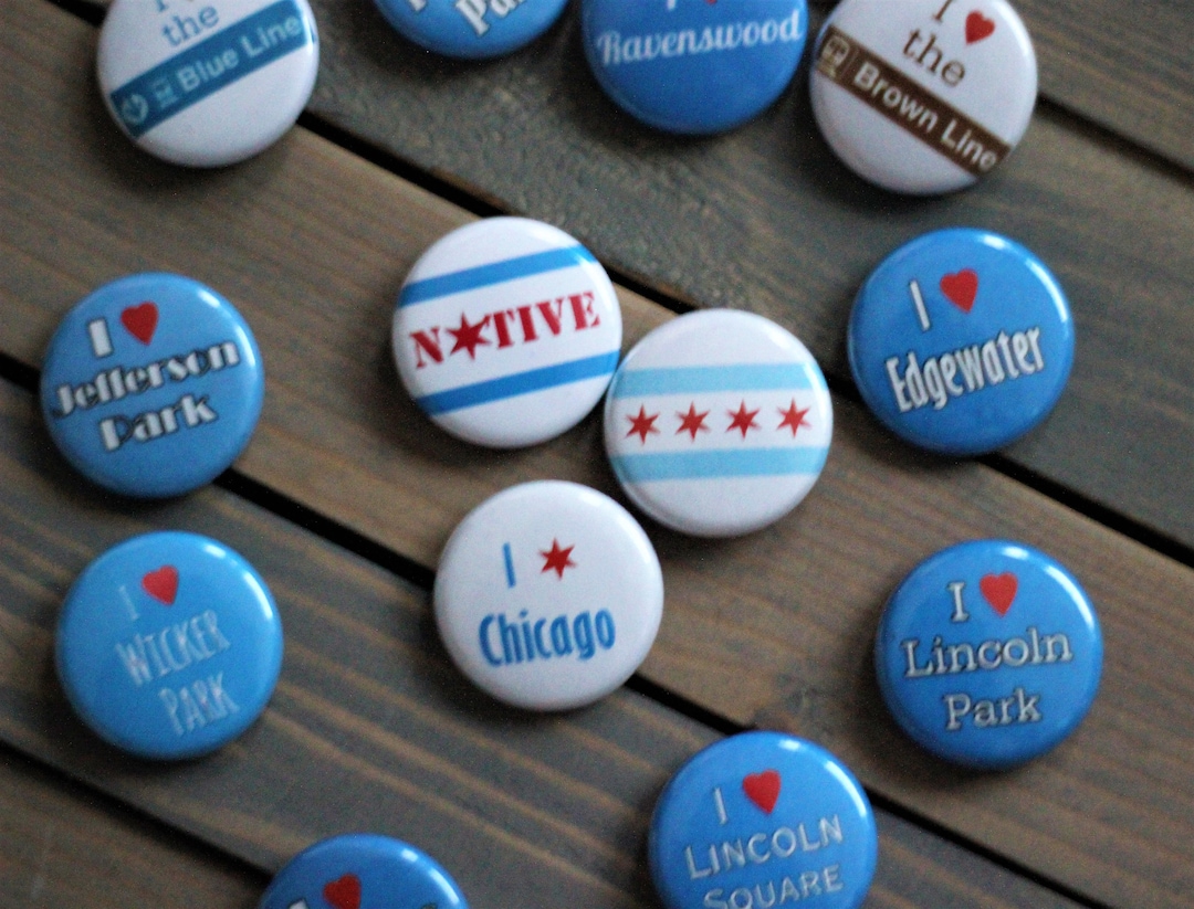 1" Chicago Flag Pinback Pins/ Chicago Neighborhood Pins/ Chicago El ...