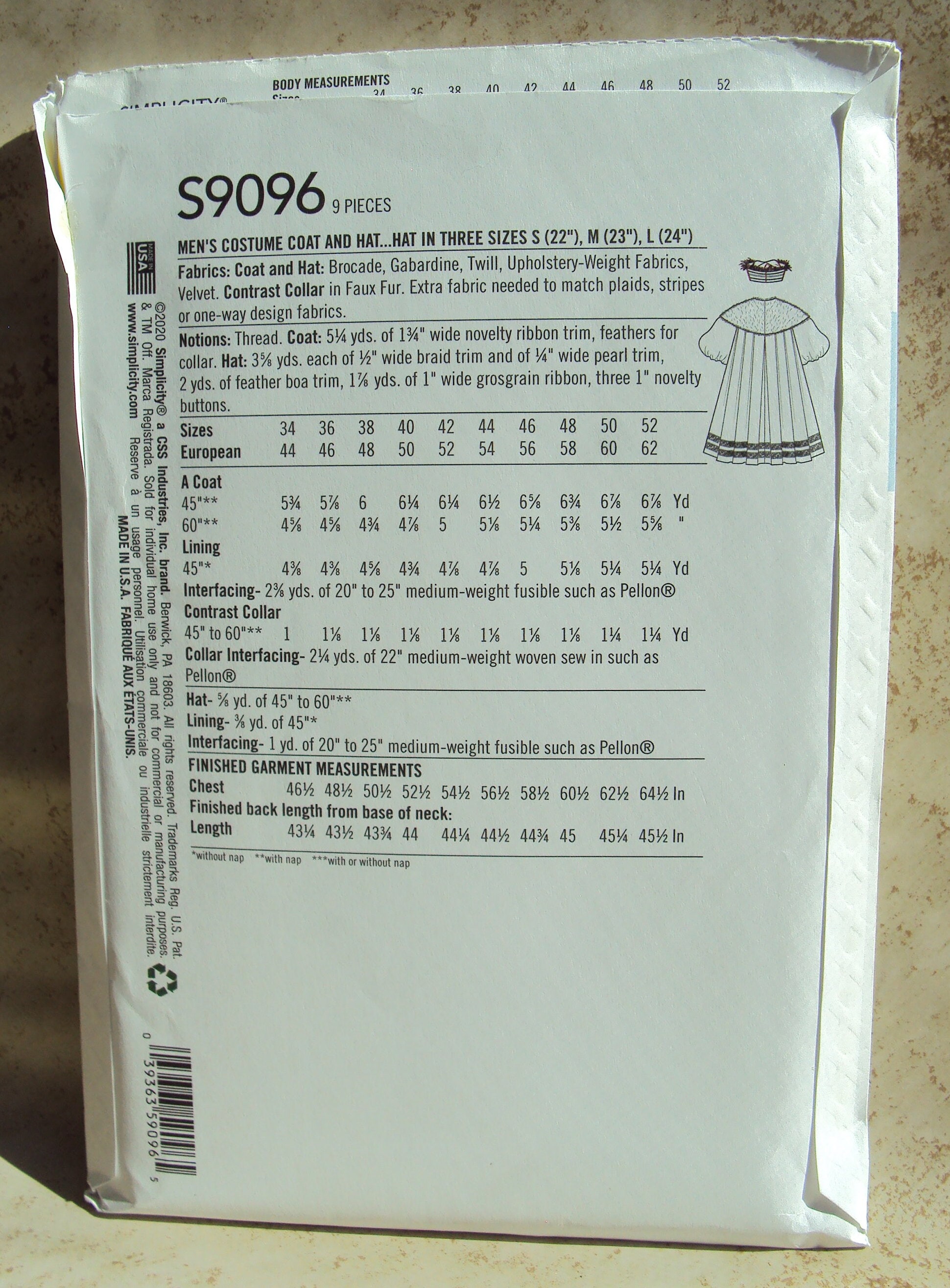 Simplicity Sewing Pattern 9096 Henry the VIII Coat and Hat in Three ...