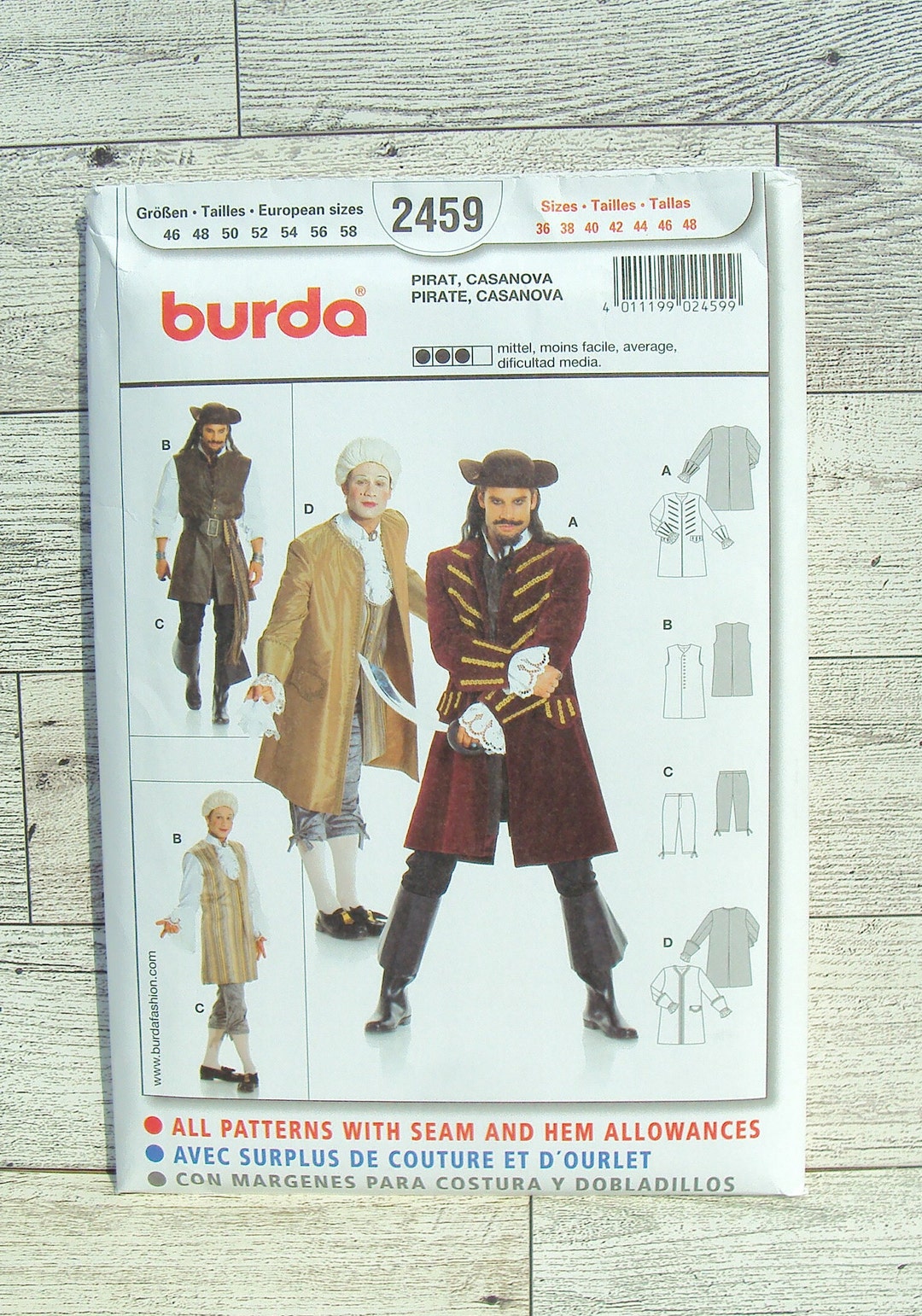 Burda Sewing Pattern 2459 - Men's Pirate & Casanova Costumes - Coats ...