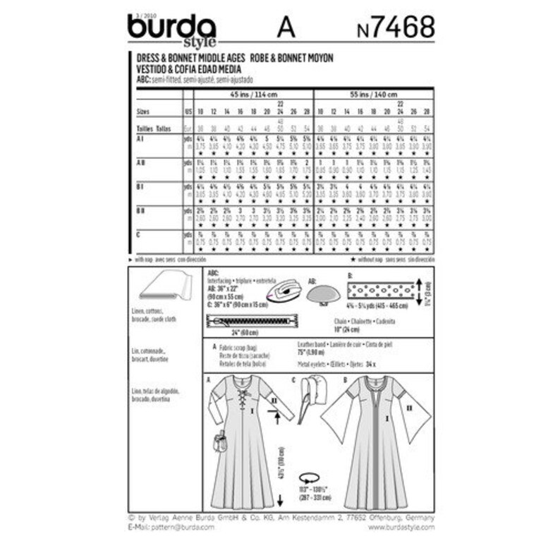 Burda Sewing Pattern 7468 - Medieval/middles Ages Dress and Bonnet ...