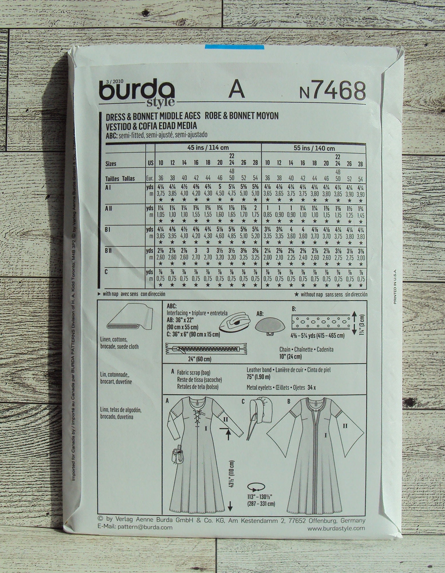 Burda Sewing Pattern 7468 - Medieval/middles Ages Dress and Bonnet ...