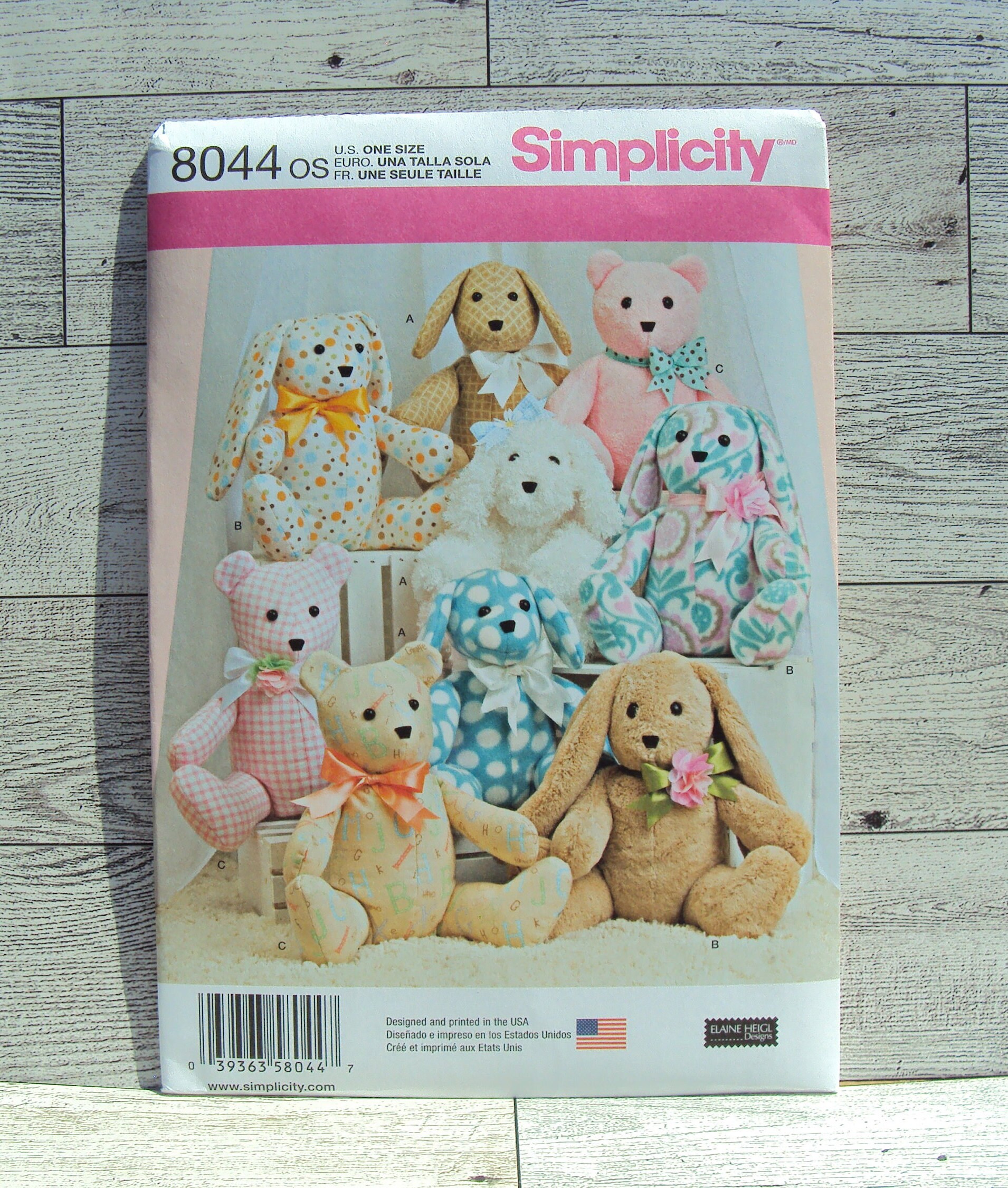 Simplicity Sewing Pattern 8044 for 2 Pattern Piece Teddy Bear, Dog and Rabbit Plush Stuffed ...