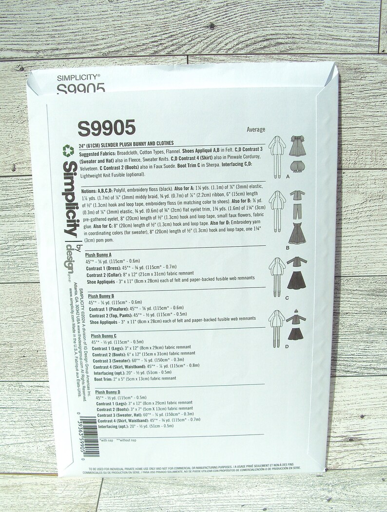 Simplicity Sewing Pattern 9905 Slender 24 Plush Toy Bunny and Clothes ...