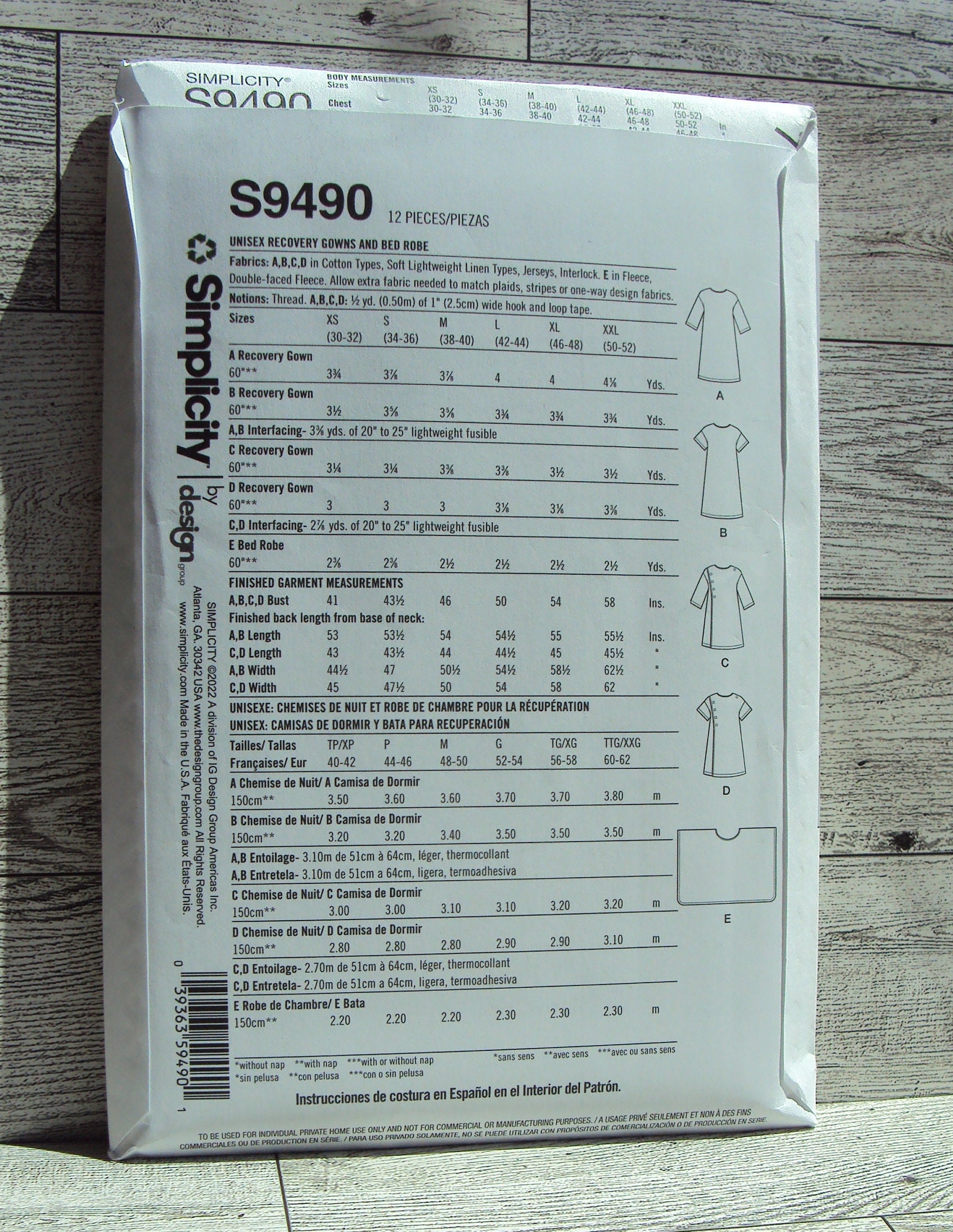 Simplicity Sewing Pattern 9490 Unisex Recovery Gowns and Bed Robe With ...