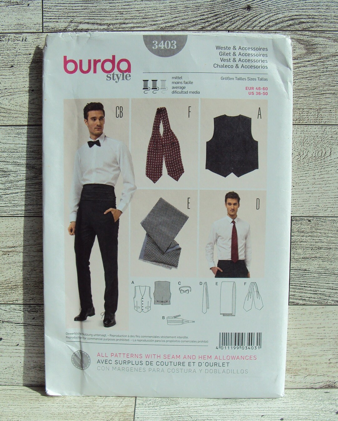 Burda Sewing Pattern 3403 Men's Waistcoat Vest Cummerbund Tie and 2 ...