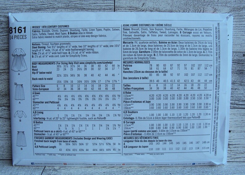 Simplicity Sewing Pattern 8161 Misses 18th Century Costume - Etsy