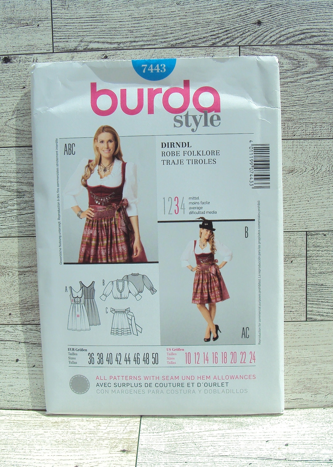 Burda Sewing Pattern 7443 Misses Dirndl Outfit Bodice Blouse Skirt and ...