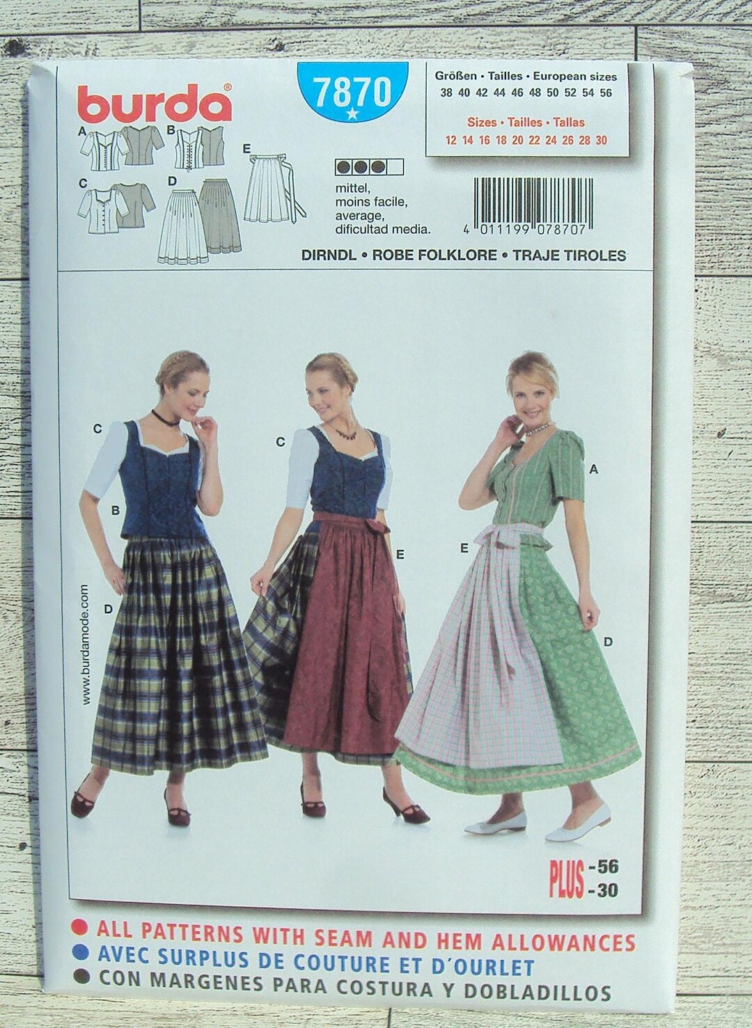 Burda 7870 Sewing Pattern - Misses' Dirndl Style Jumper Dress Blouse and Apron - Bavarian Folk ...
