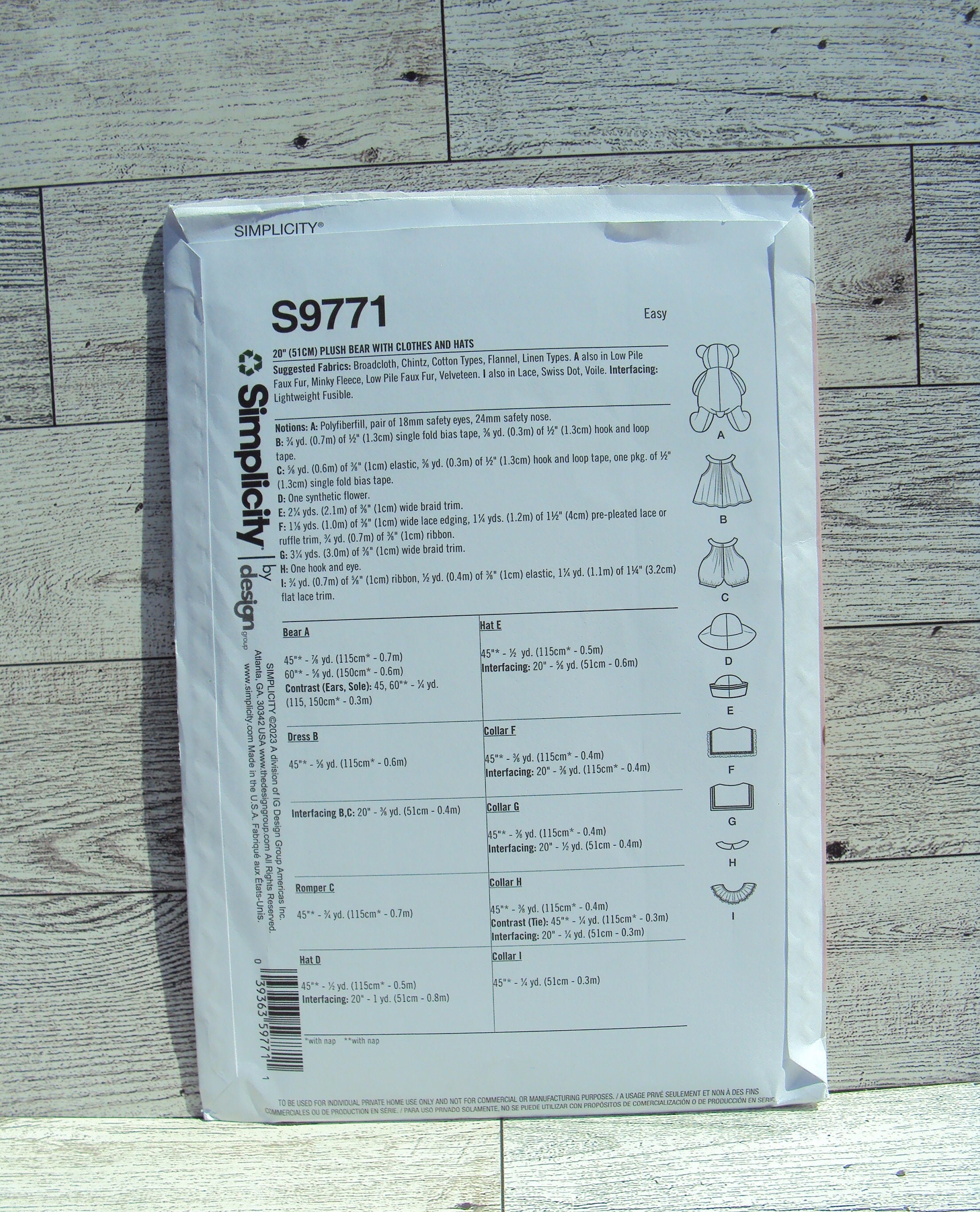 Simplicity Sewing Pattern 9771 Plush Bear With Clothes and Hats by ...