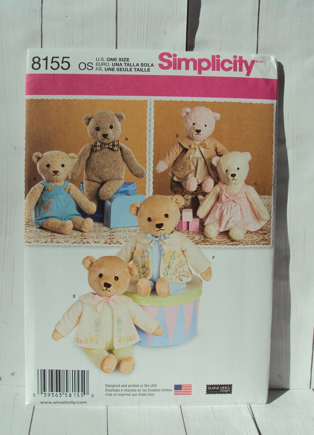 Simplicity Sewing Pattern 8155 Plushie Stuffed Teddy Bear With Outfits ...