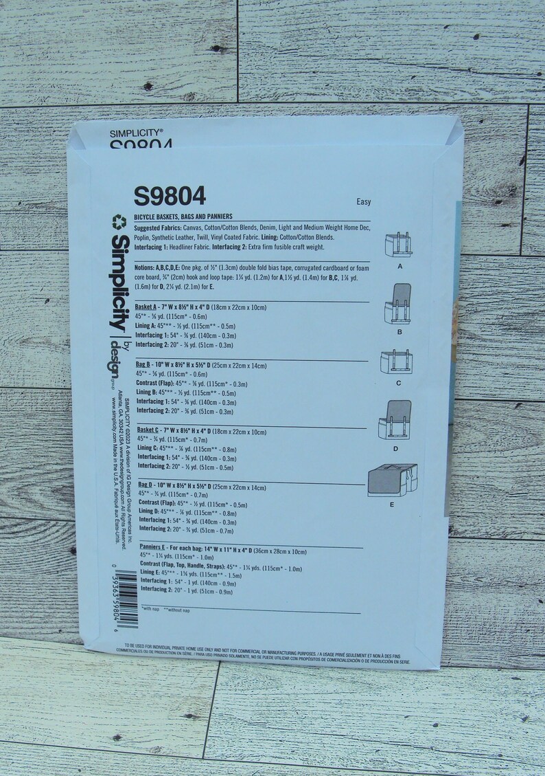 Simplicity Sewing Pattern 9804 Bicycle or Scooter Baskets Bags and ...