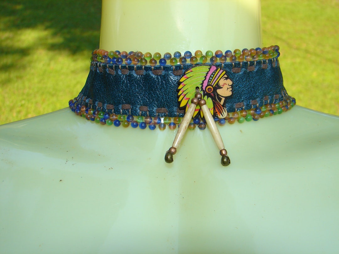 Native American Style Beaded Leather Choker, Dance Regalia Necklace ...