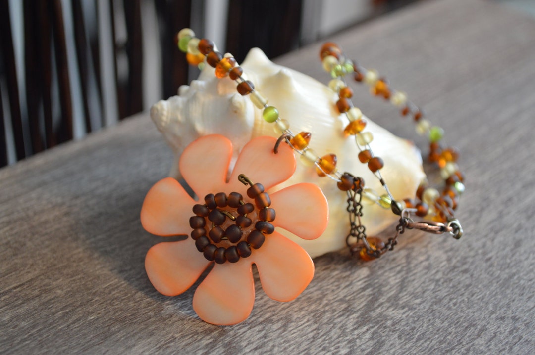 Shell Flower Necklace on Braided Wire of Small Beads - Etsy