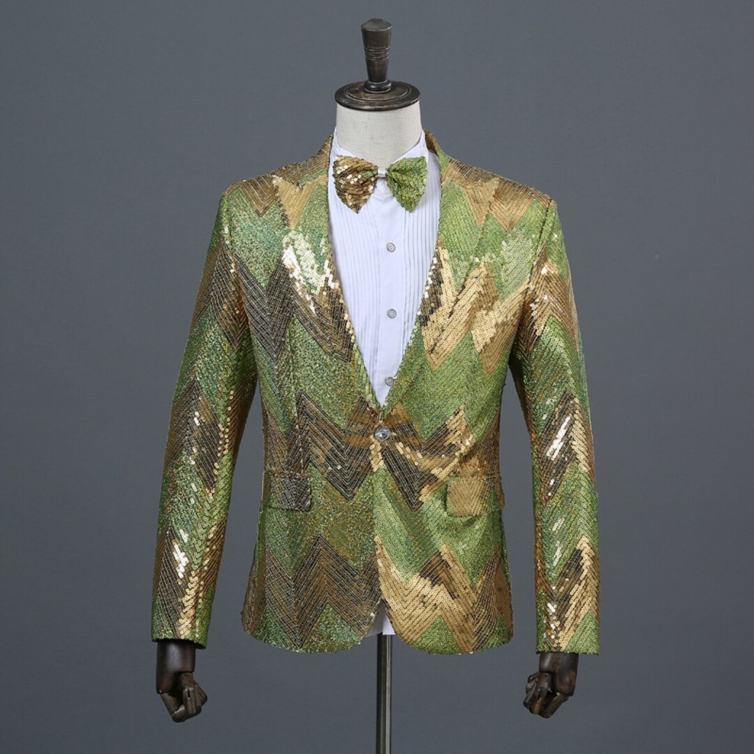 Personalizable Men Glitter Sequin Suit Blazer Dress Jacket With Bowtie ...