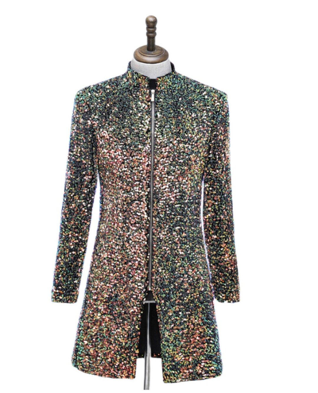 Personalizable Men Glitter Sequin Suit Jacket Carnival Zip Coat Long ...