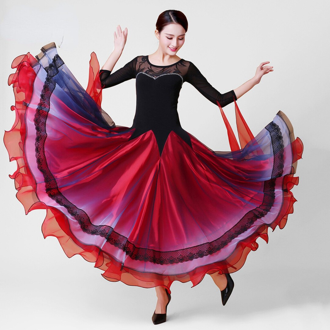 Customized Red Ballroom Dance Competition Dress for Women Long Sleeve ...