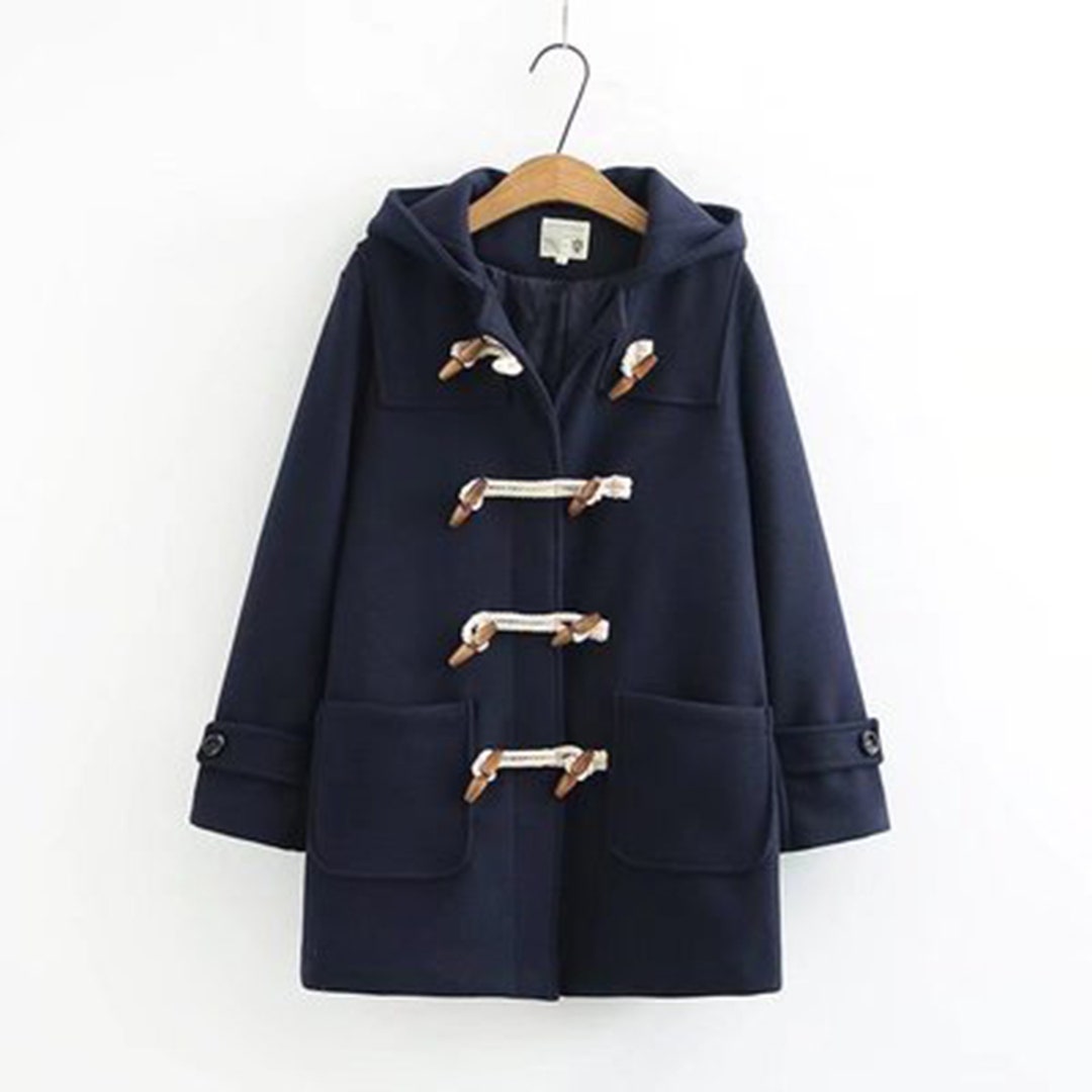 Winter Trench Hooded Coat Horn Button Mid Length Outwear Women Etsy