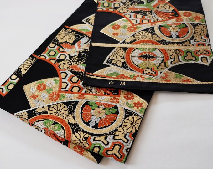 Japanese Motif Obi - Gold Obi - Fukuro Obi - Kimono Obi Belt - Silk Obi ...
