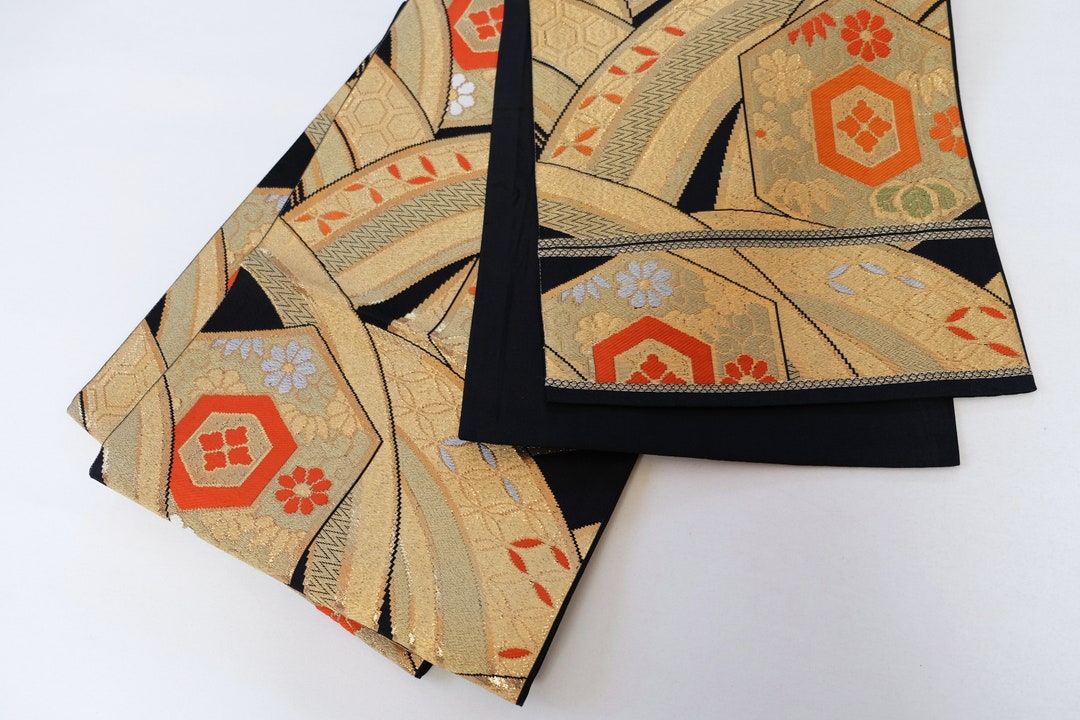Black & Gold Obi Sash - Fukuro Obi - Japanese Obi Sash - Vintage - Silk ...