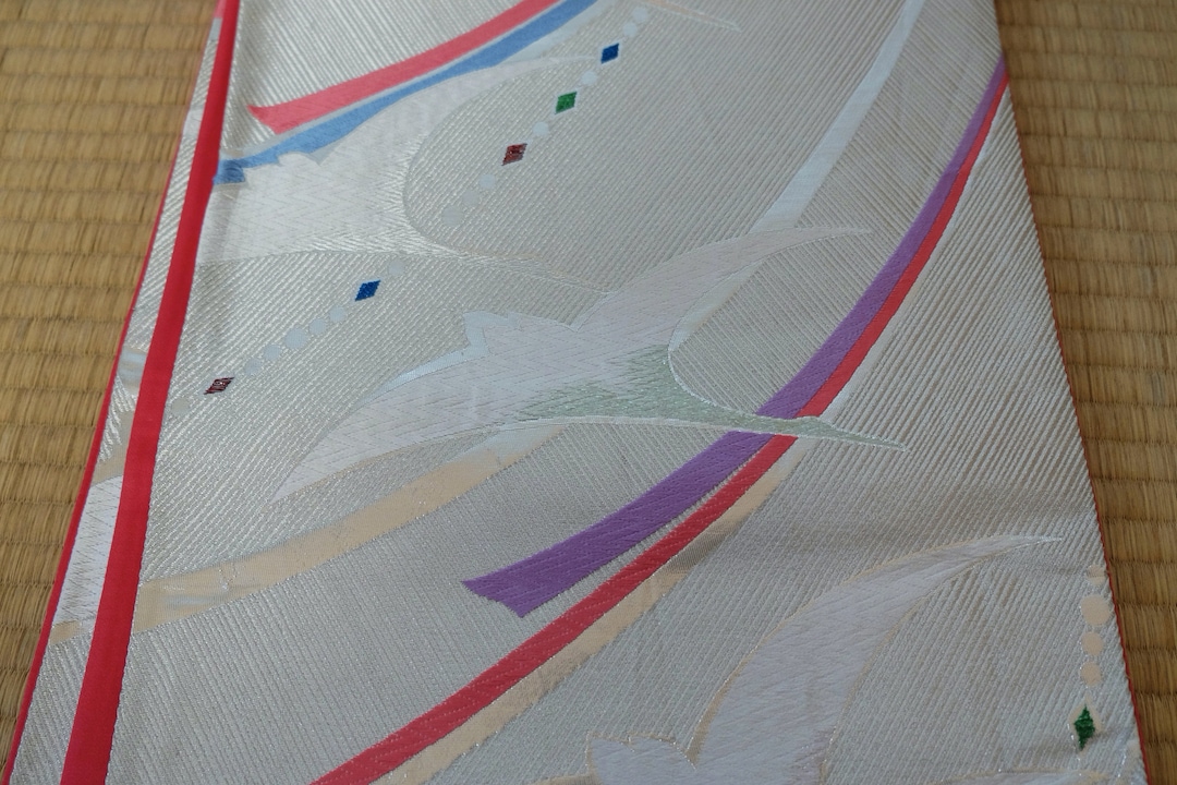 Silver Obi Sash - Beautiful Crane Motif - Fukuro Obi - Silk Obi Sash ...