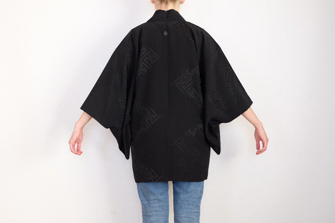Black Haori Delicate Geometric Pattern Haori Cardigan Vintage Japanese ...