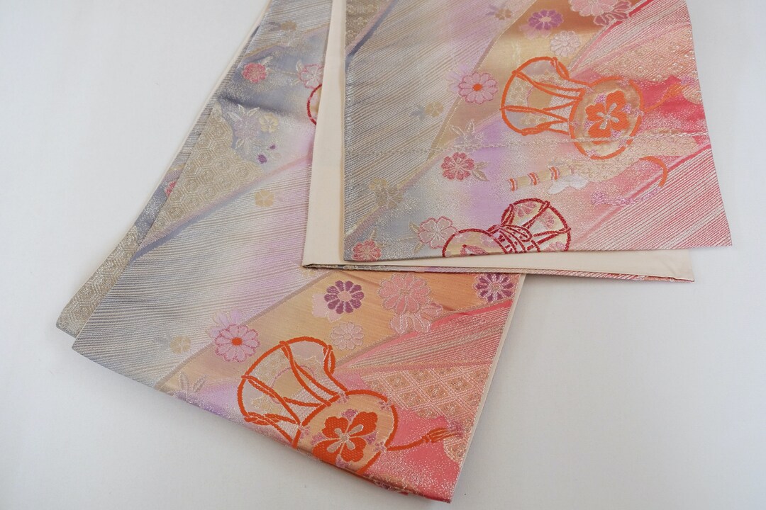 Shiny Obi Sash - Rare Colors - Taico Drum Motif - Fukuro Obi - Kimono ...