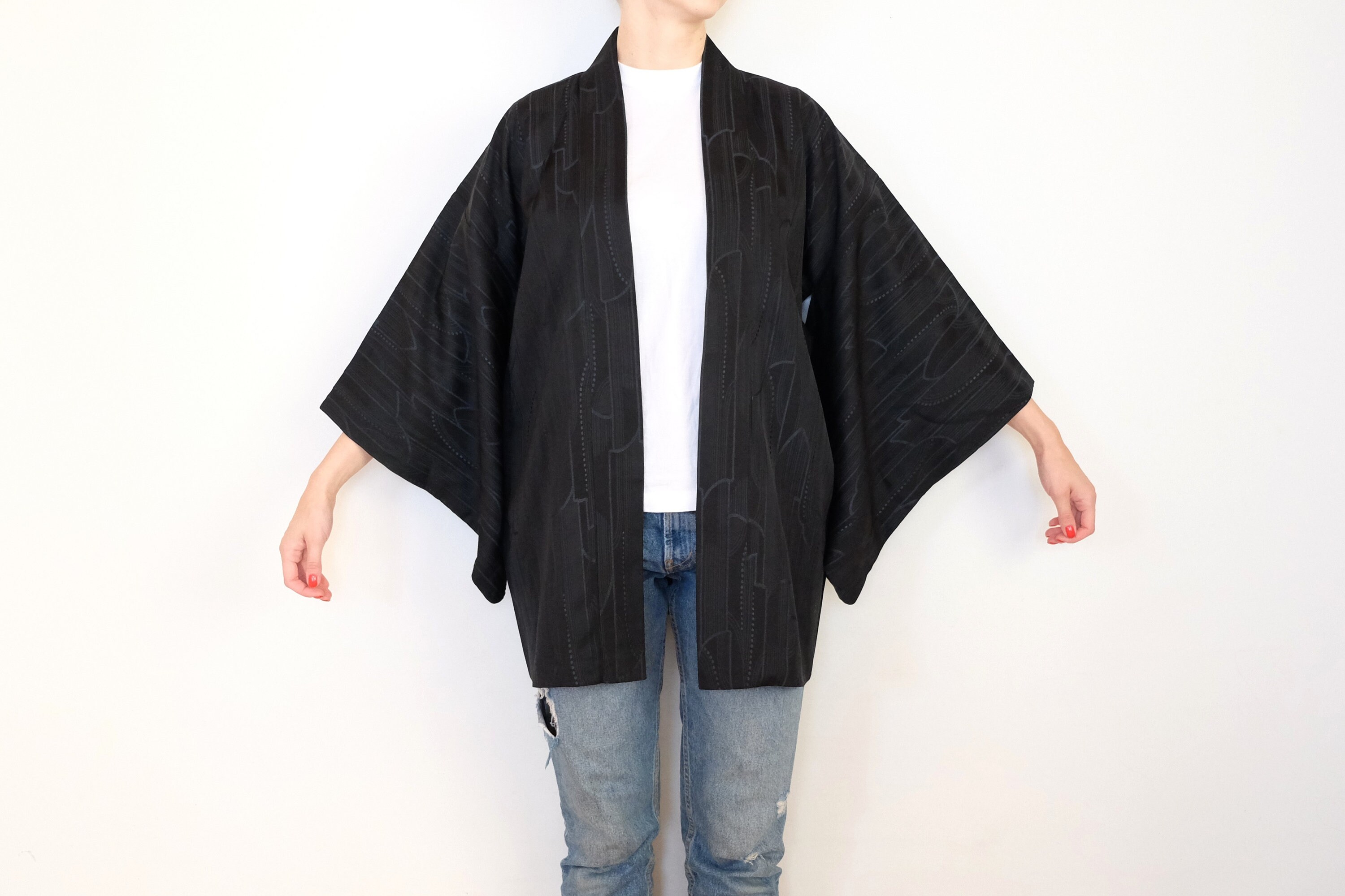 Black Haori Beautiful Pattern Japanese Kimono Cardigan - Etsy