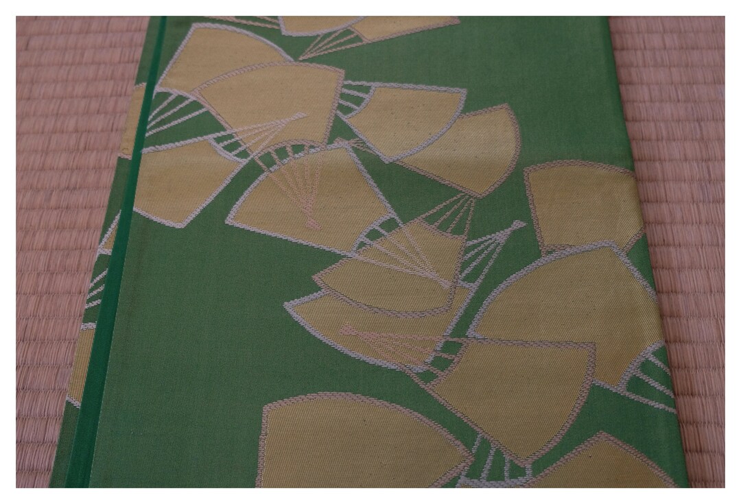 Green Obi - Shiny Gold Thread - Folding Fan Motif - Authentic Obi Sash ...