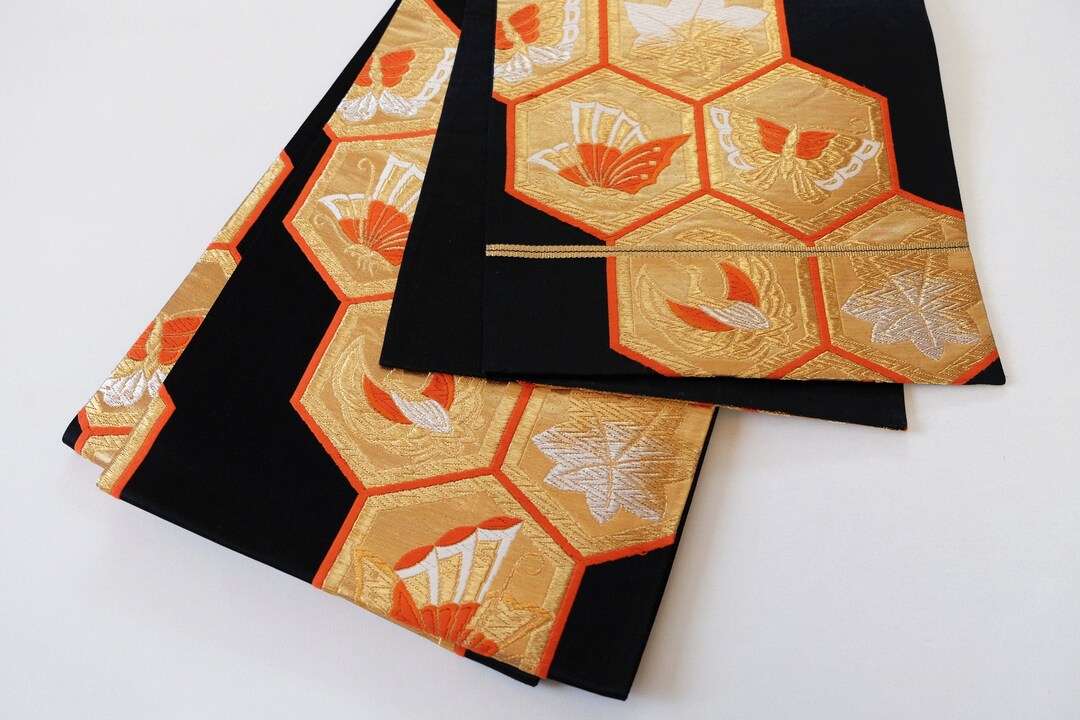 Gold Obi Sash - Traditional Japanese Motifs - Fukuro Obi - Kimono Belt ...