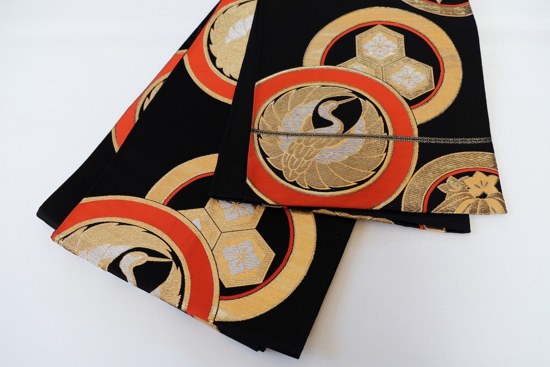 Black Obi Sash Iconic Japanese Motifs Kimono Obi Sash Vintage Obi Silk ...