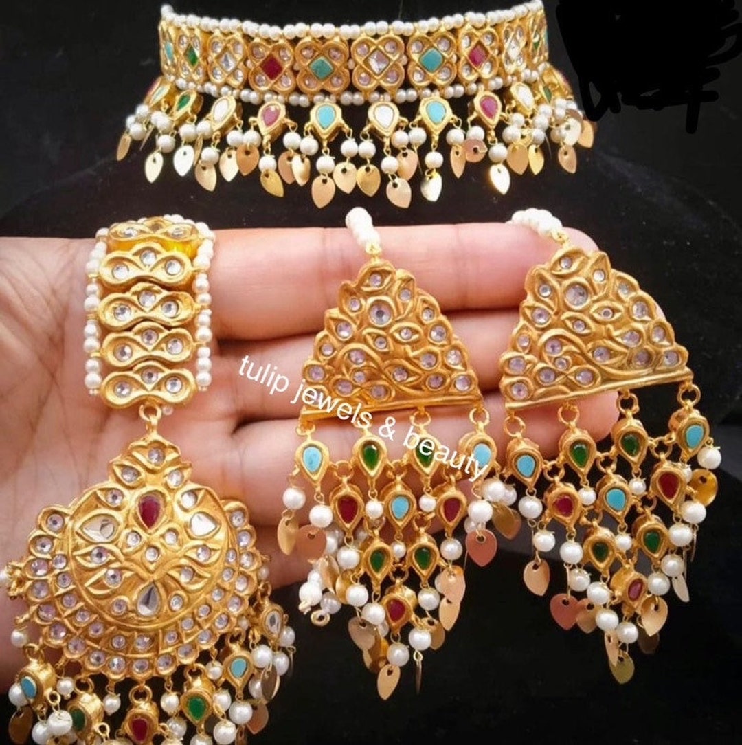 Gold Plated Thappa Set. Choker and Earrings Jewellery Set - Etsy
