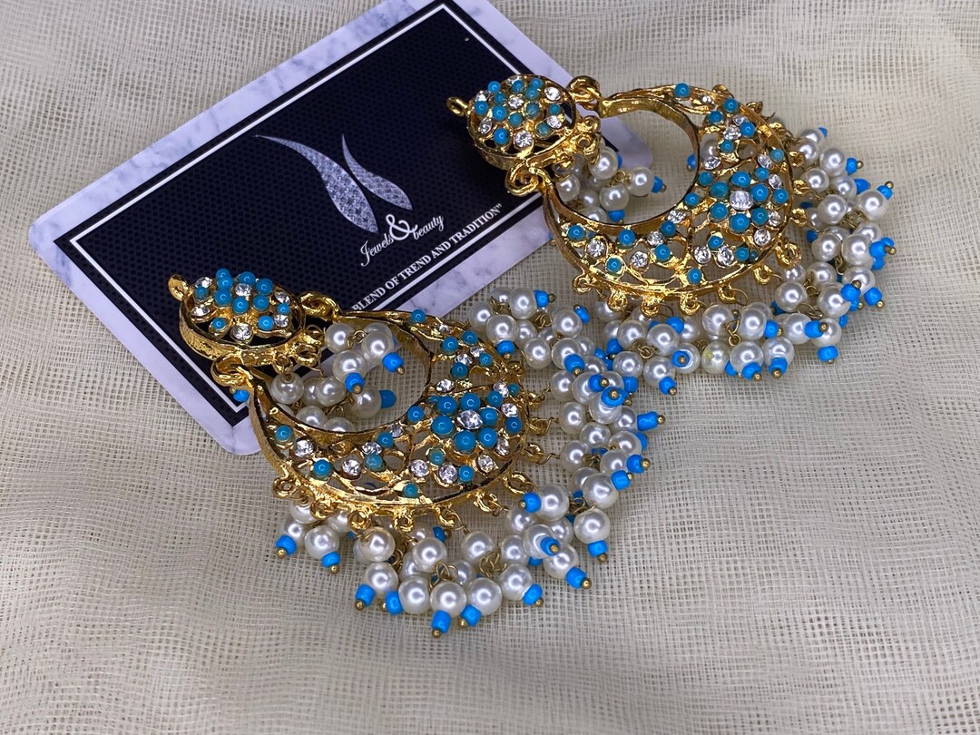 Traditional Hyderabadi Indian Pakistan Big Size Chand Balli/balla Gold Plated Turquoise Earrings ...