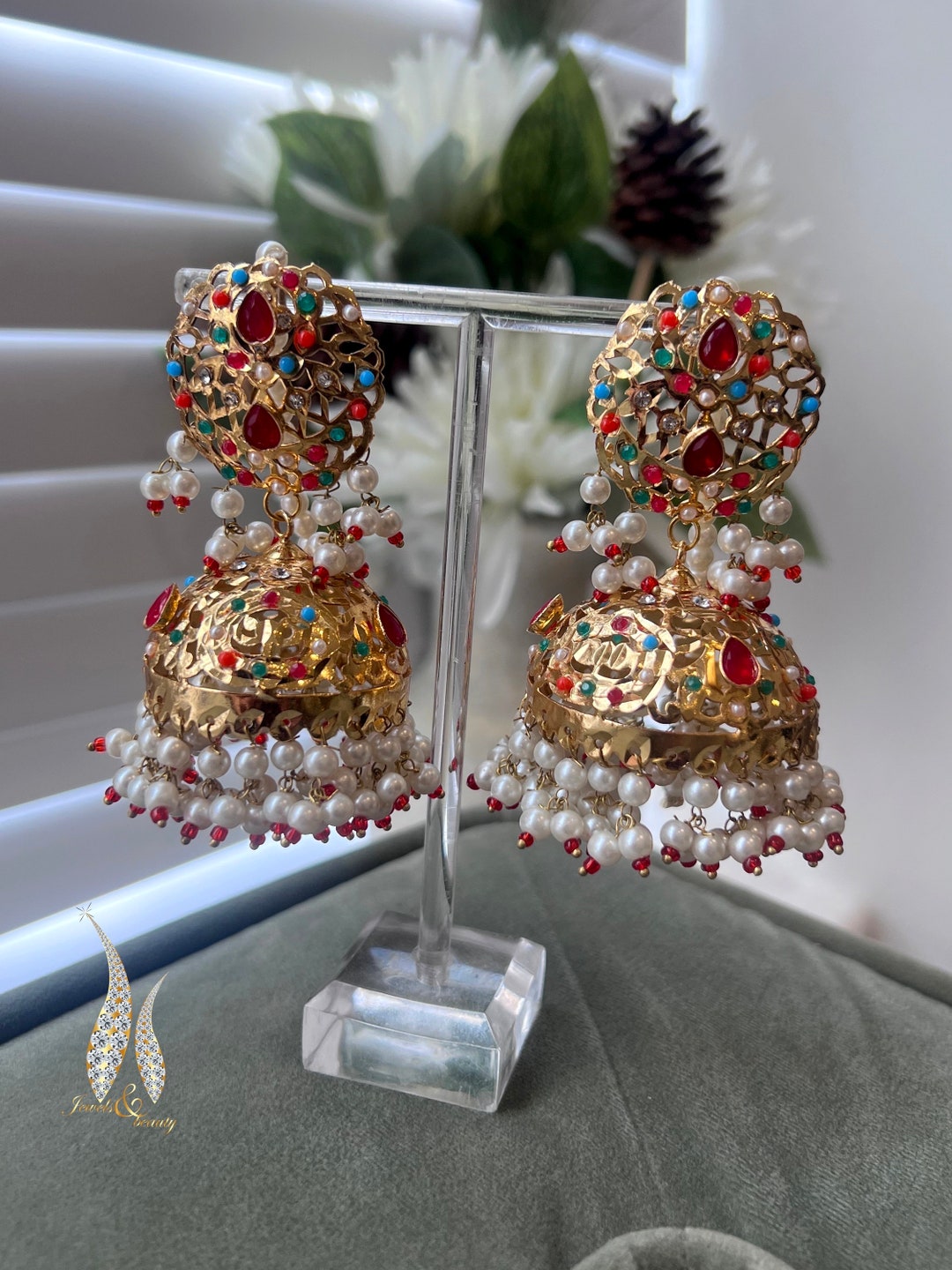 Traditional Navratan Indian Pakistani Jadu Jhumki Earrings, Multi ...