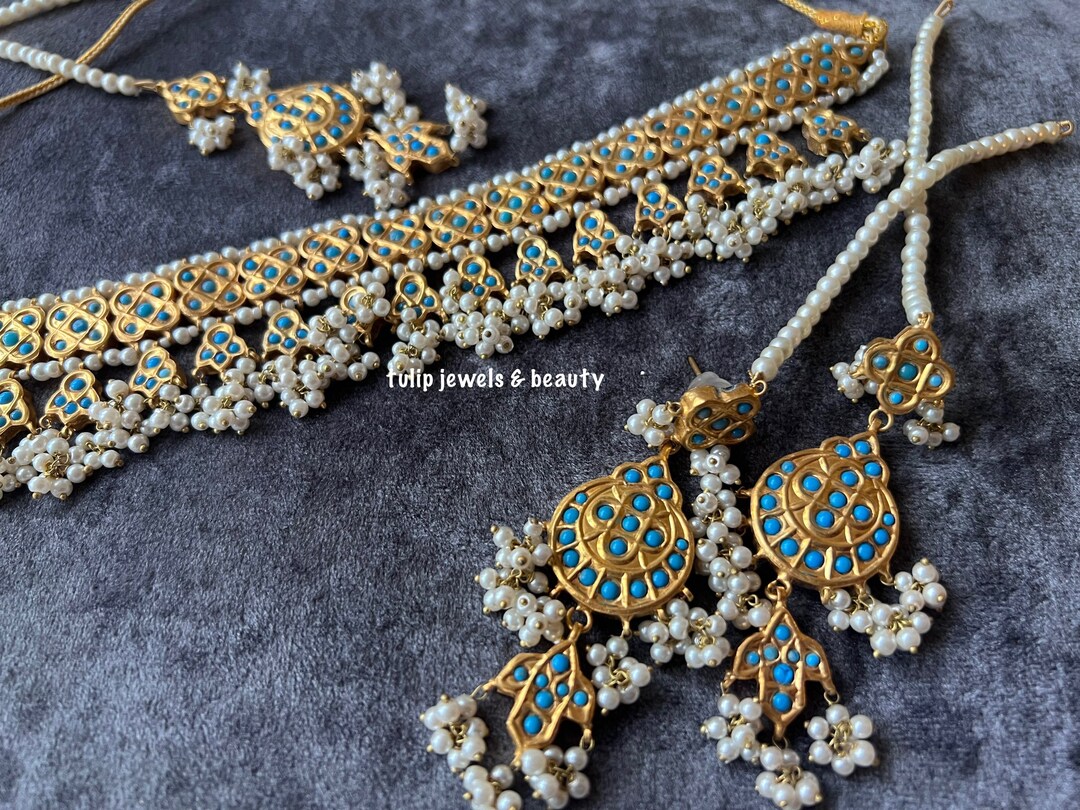 Gold Plated Thappa Set. Choker and Earrings Jewellery Set, Indian ...