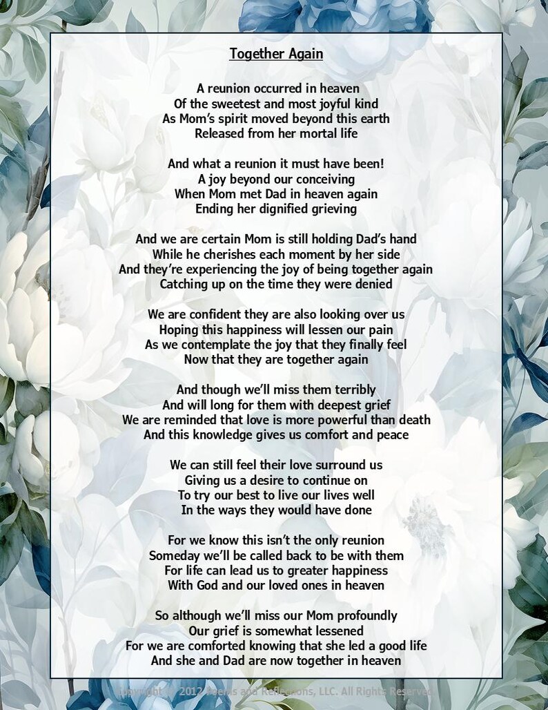 Together Again- A Poem About Mom Reuniting With Dad in Heaven - Etsy UK