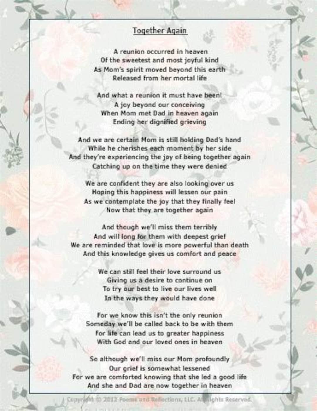 Together Again- A Poem About Mom Reuniting With Dad in Heaven - Etsy