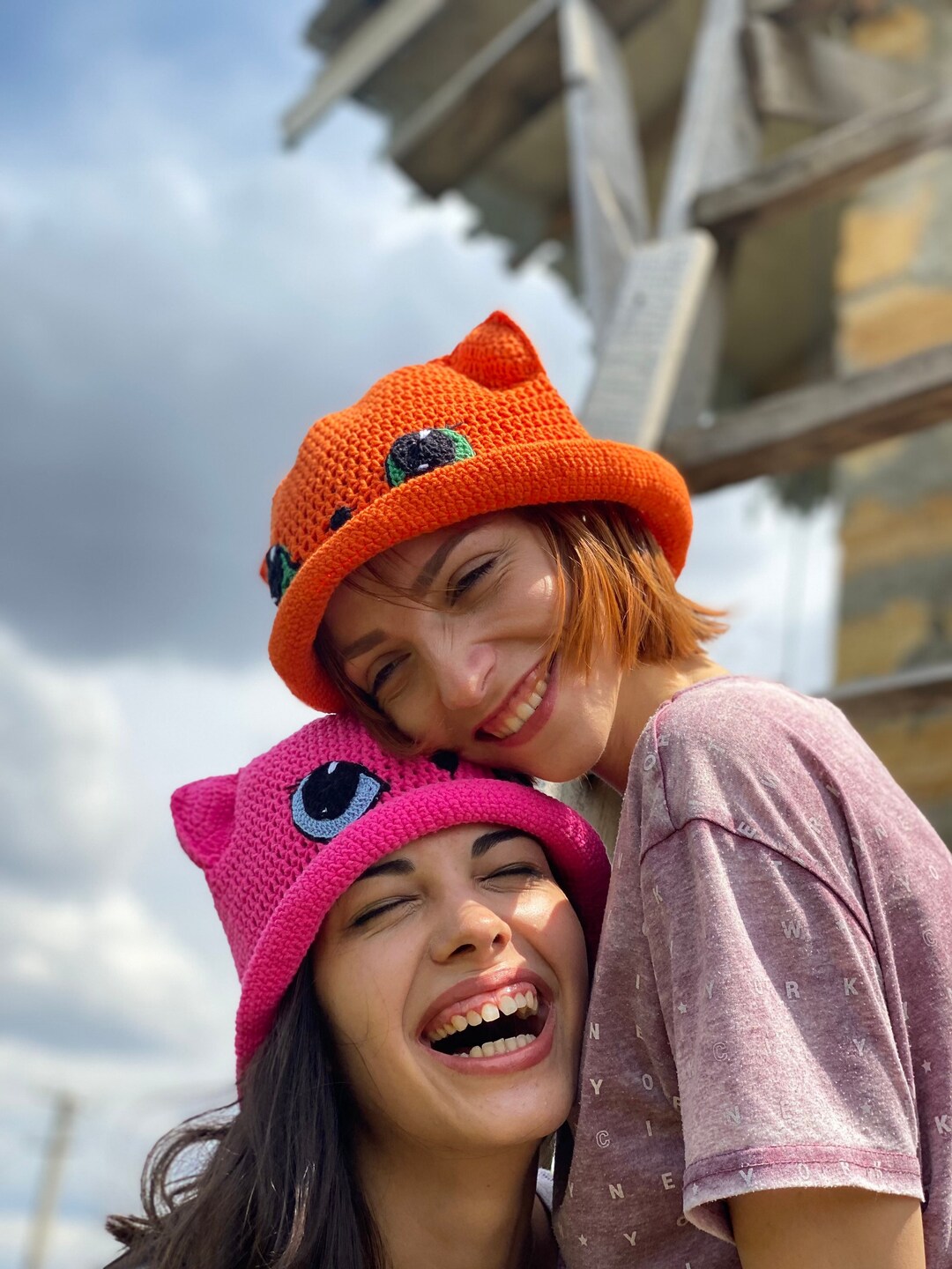 Bestie Best Friend Crochet Funny Cute Animal Cotton Bucket Hat With Cat ...