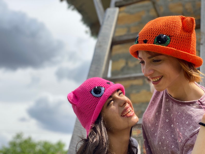 Bestie Best Friend Crochet Funny Cute Animal Cotton Bucket Hat With Cat ...