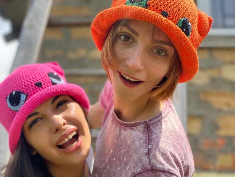 Bestie Best Friend Crochet Funny Cute Animal Cotton Bucket Hat With Cat ...
