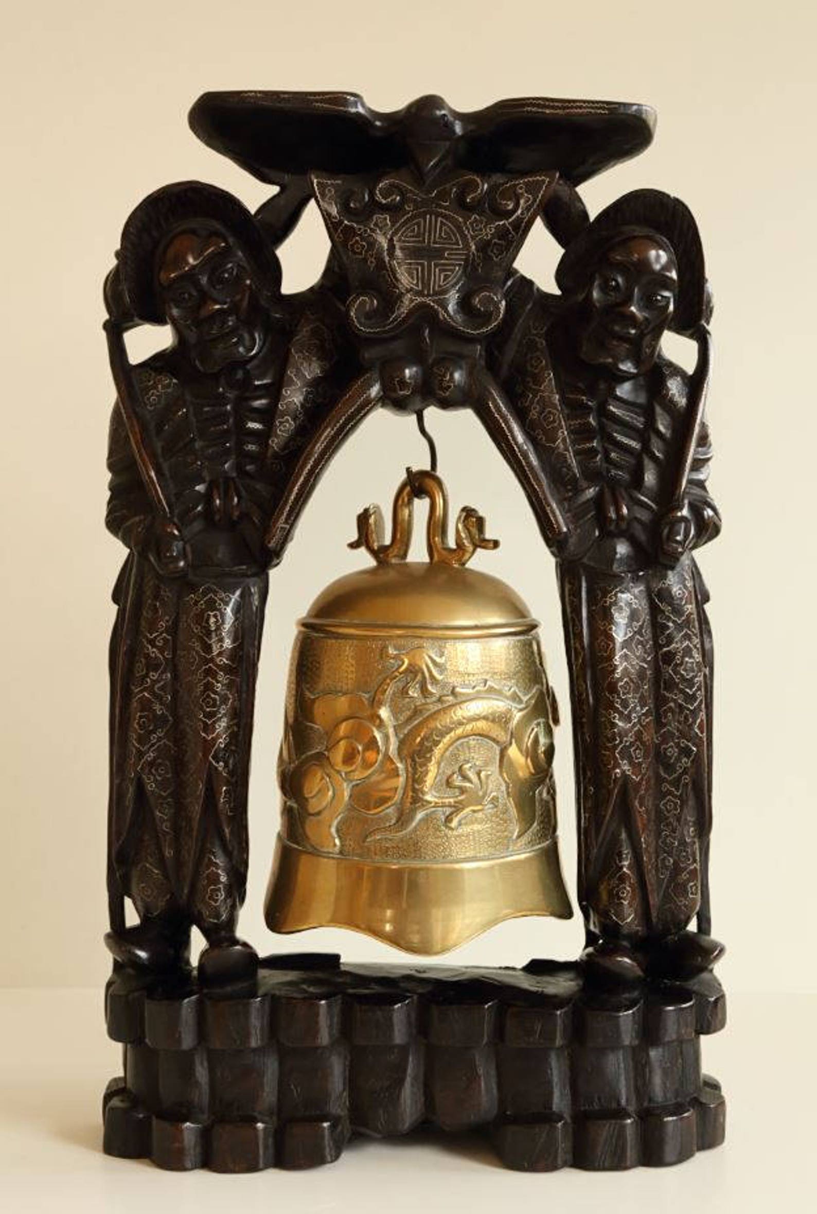 Antique Chinese Wooden Brass Bell in Hand Carved Frame Holder | Etsy