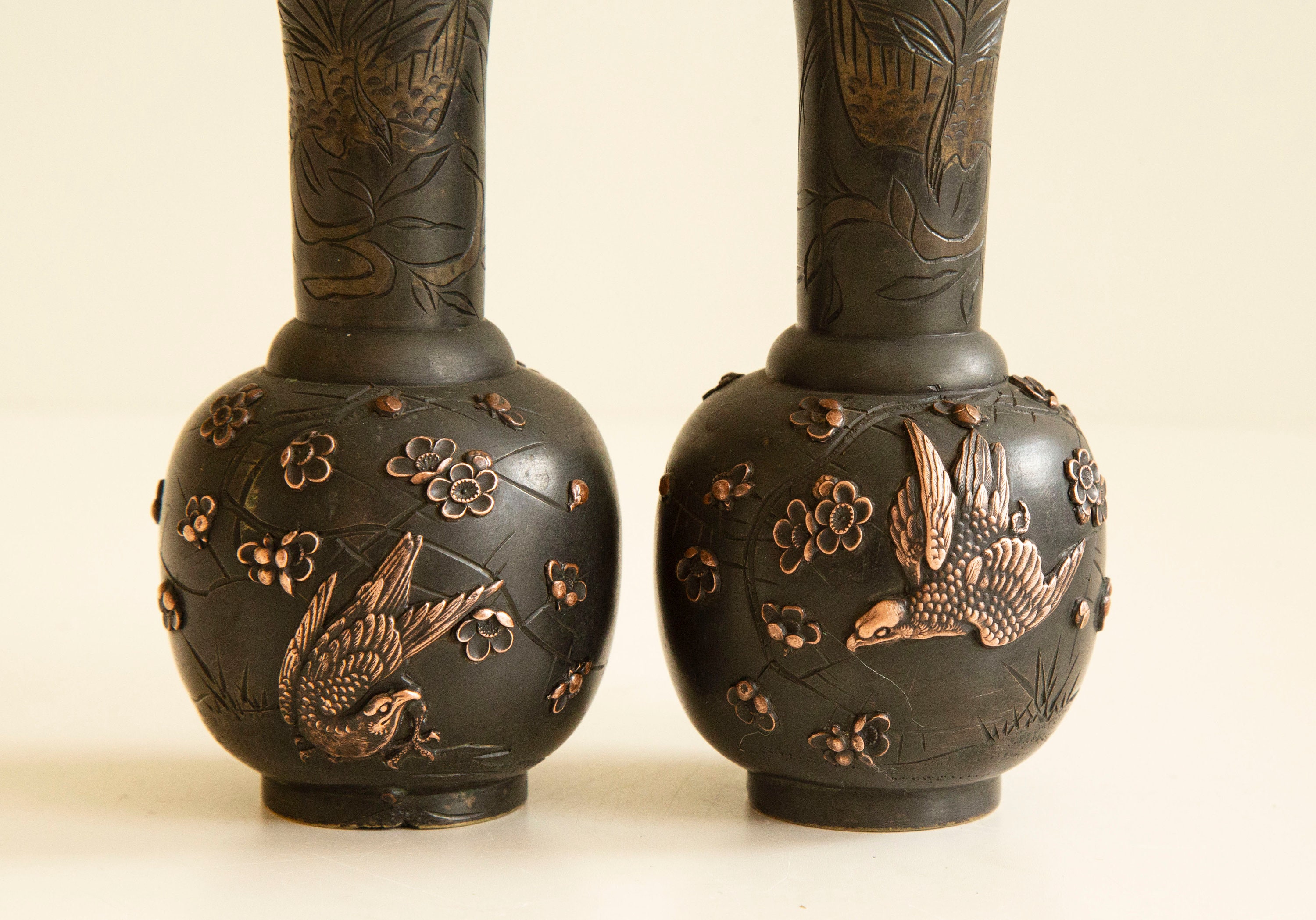 Japanese Bronze Three Metal Mix-Metal Shakudo Vases Ca. 1890 | Etsy