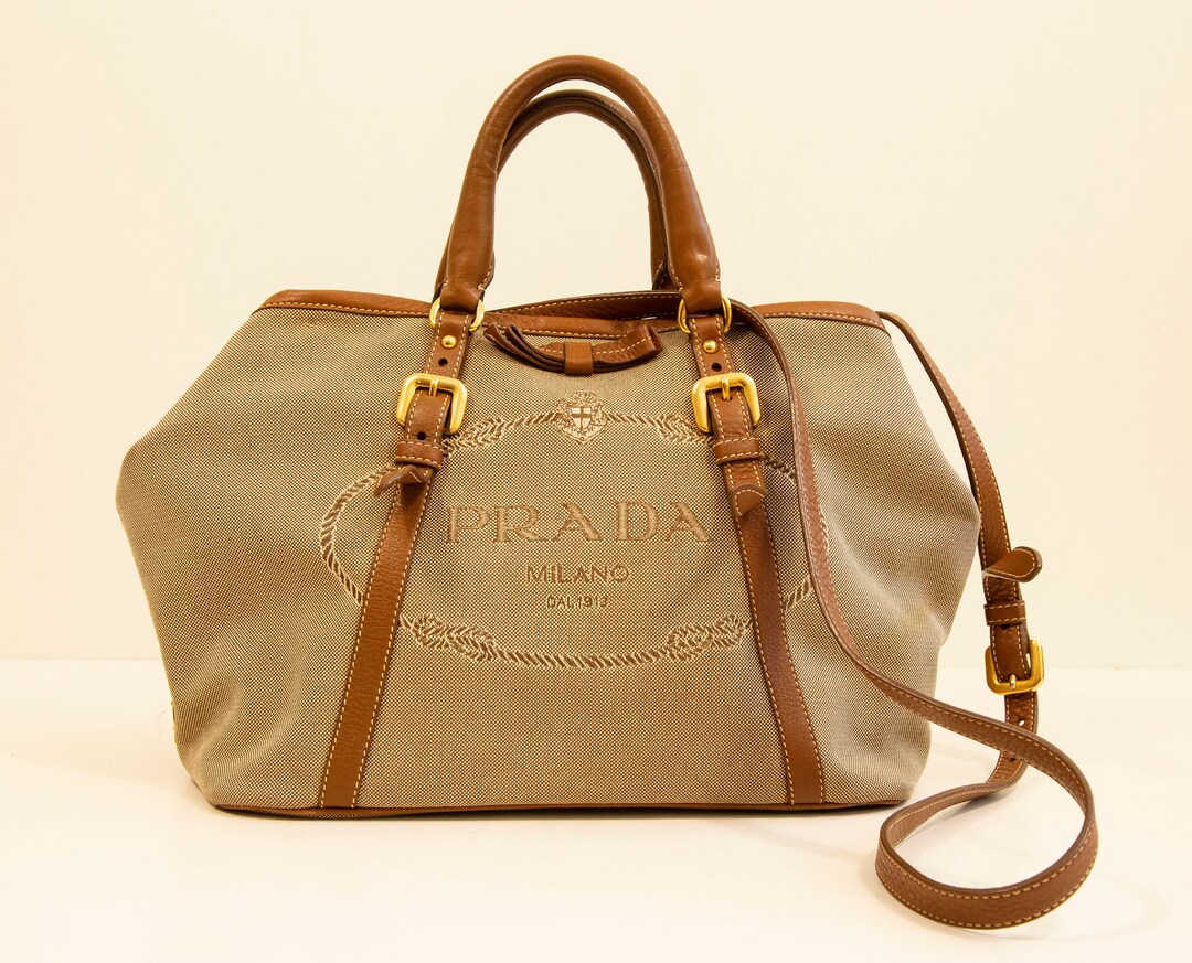 Prada 2 Way Bag Canvas and Brown Leather Trim in Good Vintage Condition ...