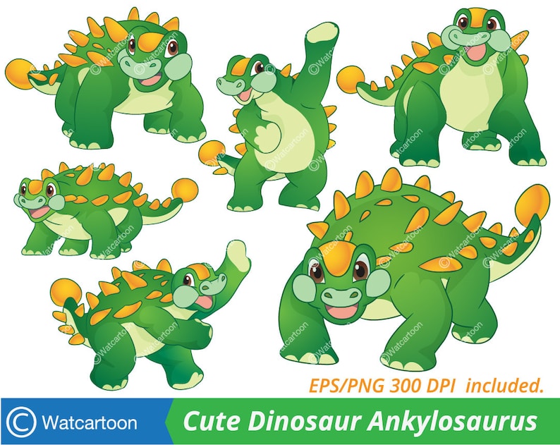Cute Dinosaur Ankylosaurus Cartoon Action Set. Vector Clip Art for ...
