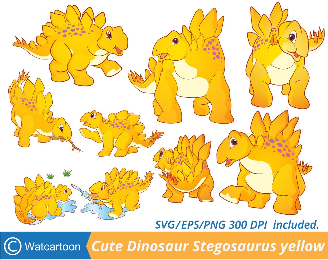 Cute Dinosaur Stegosaurus Yellow Action Set. Vector Clip Art for ...