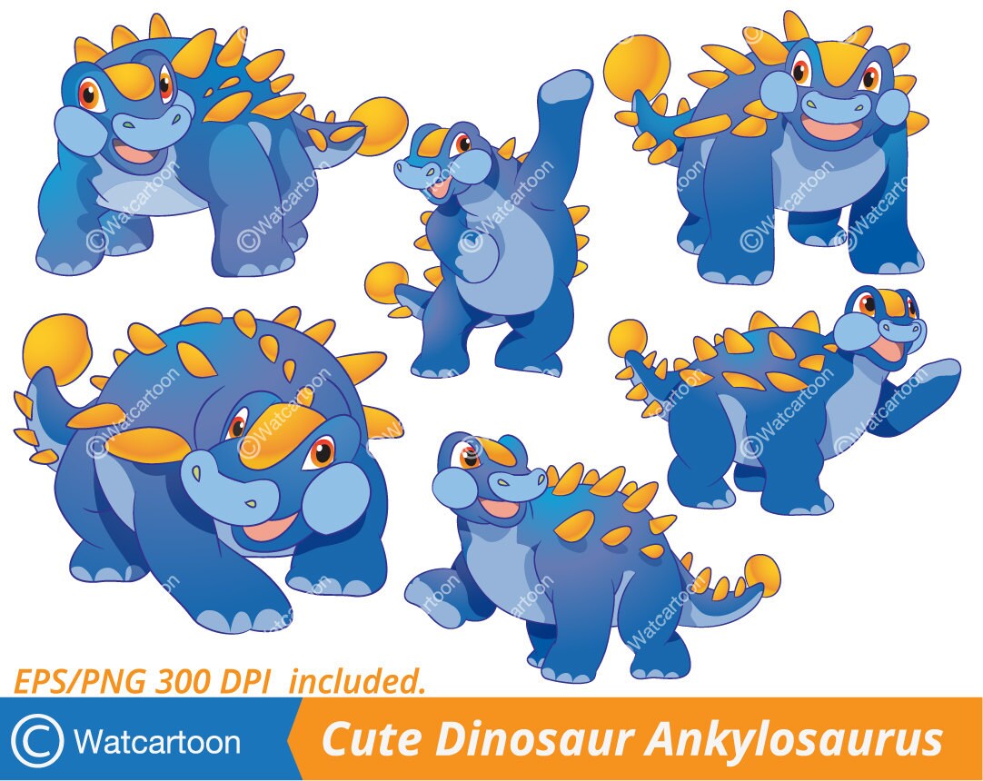 Cute Dinosaur Ankylosaurus Cartoon Action Set. Vector Clip Art for ...