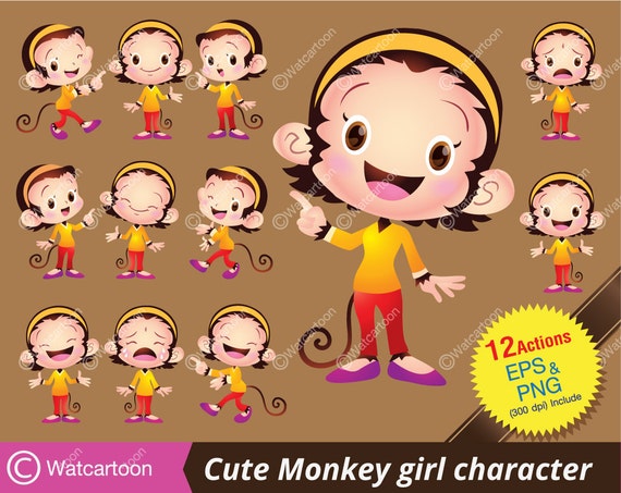 Cute Monkey Girl Charactervector Clip Art Commercial and | Etsy