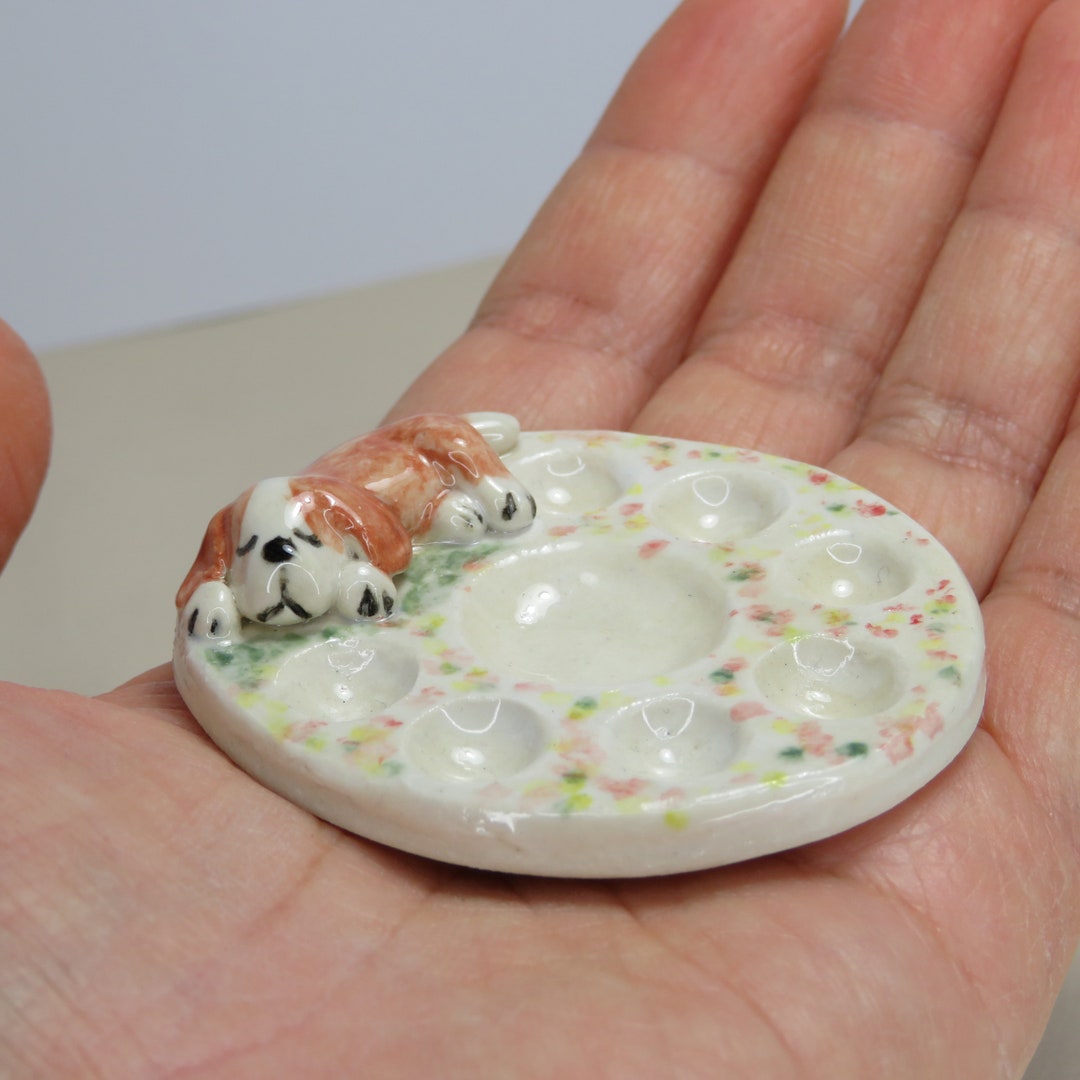 Handmade Pottery Paint Palette. Sleepy Puppy on Grass. Ceramic Paint ...